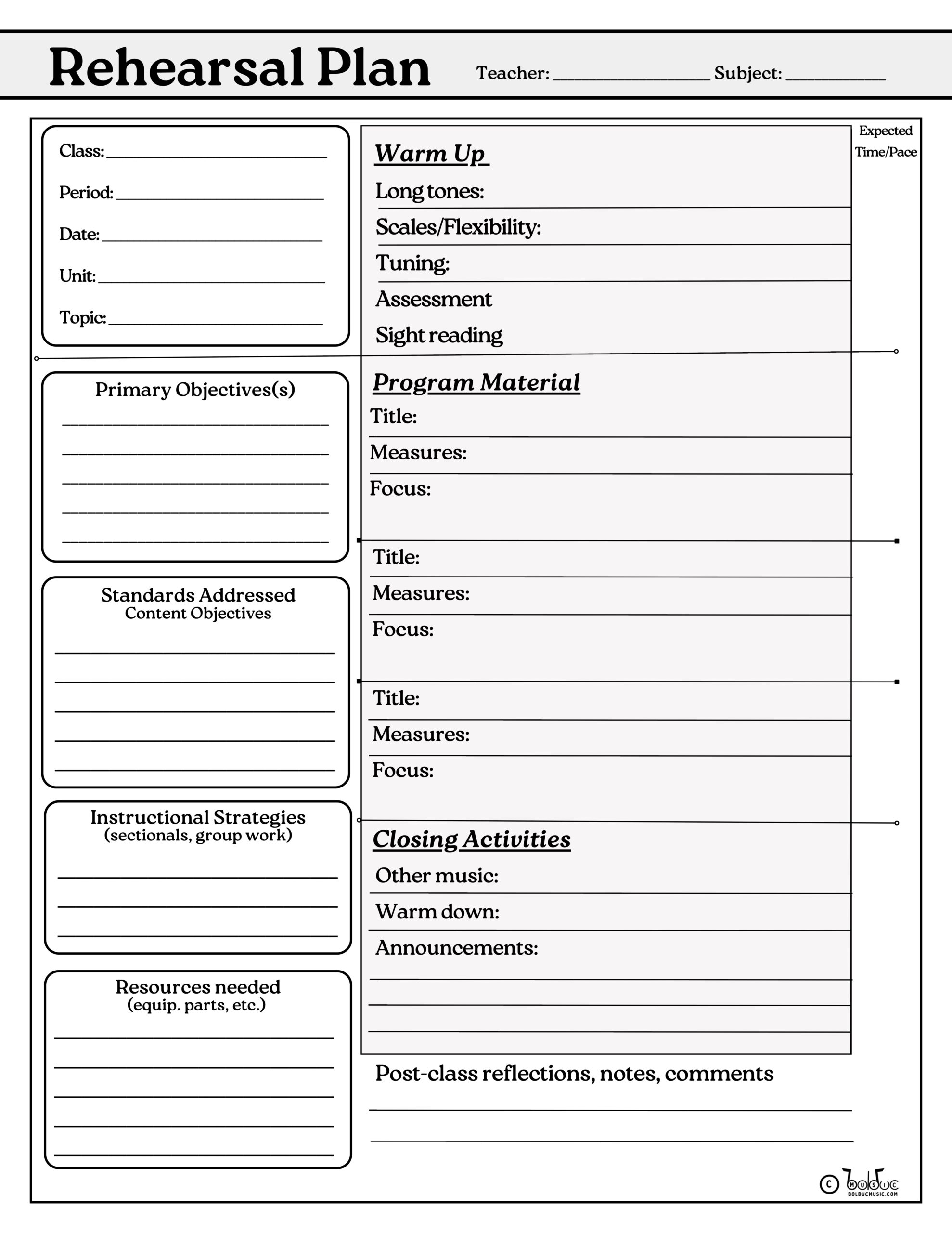 Music Rehearsal Plan Template - Bolduc Music